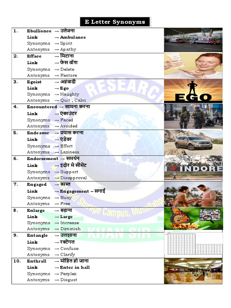 E Letter Synonyms Class Sheet 8745 | PDF