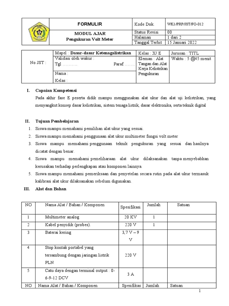 1. Jobsheet - Alat Tangan - alat kerja - Multimeter Volt meter (1) | PDF