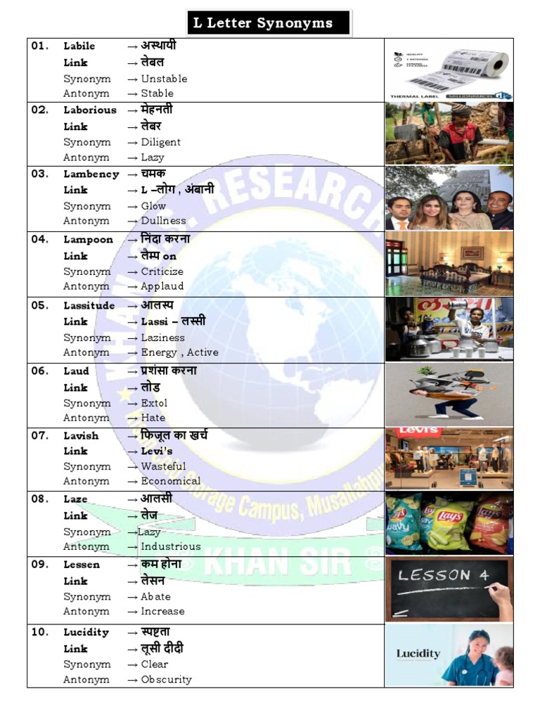 642dab6bea584f00182d25a4 - ## - L LETTER SYNONYMS CLASS SHEET | PDF