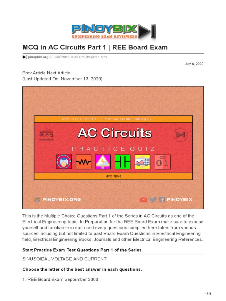 MCQ in AC Circuits Part 1 REE Board Exam | PDF | Alternating Current | Root Mean Square