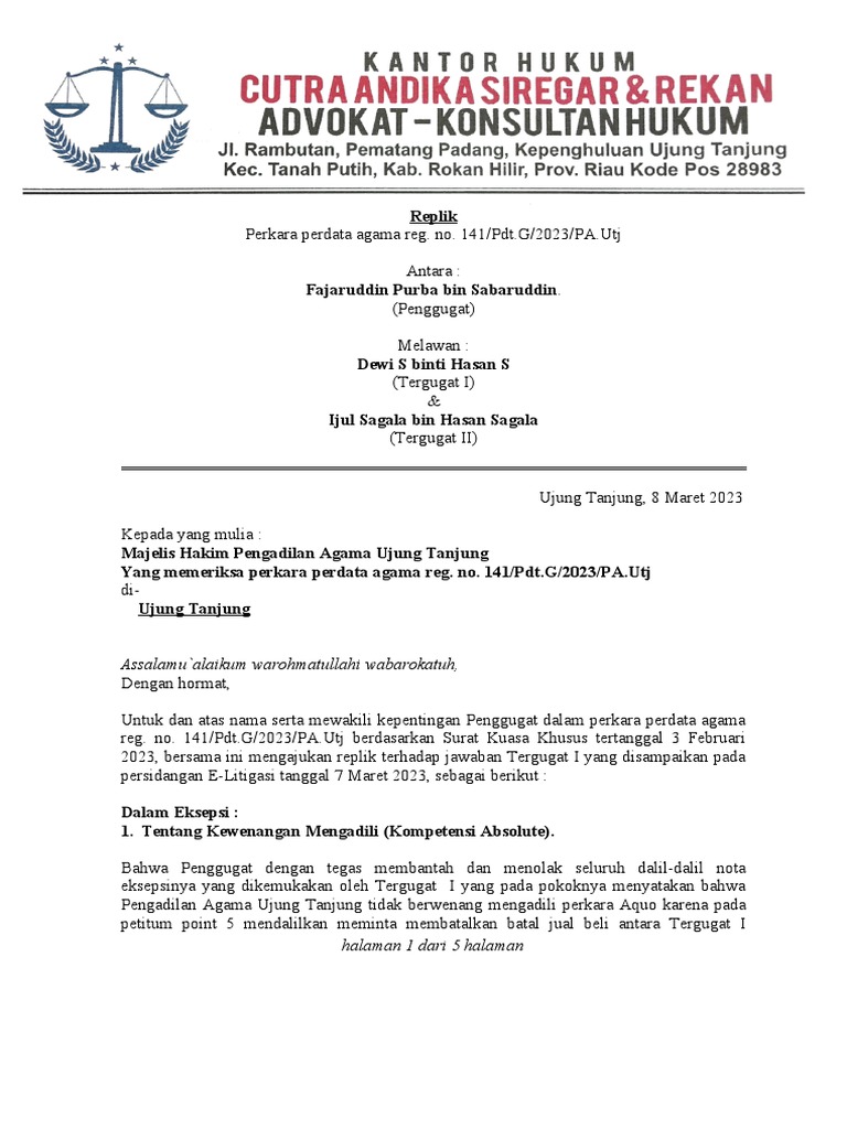 Replik Perkara Perdata Harta Bersama | PDF