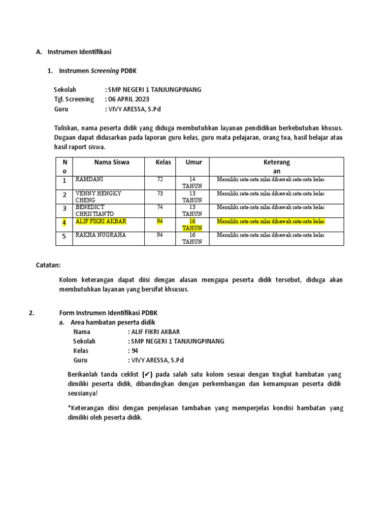 Lembar Kerja 1 Identifikasi PDBK 2023 | PDF