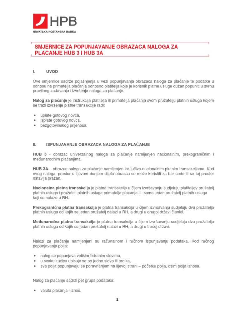 Uputa Za Popunjavanje Naloga HUB3 Hub3a web-NOVO | PDF