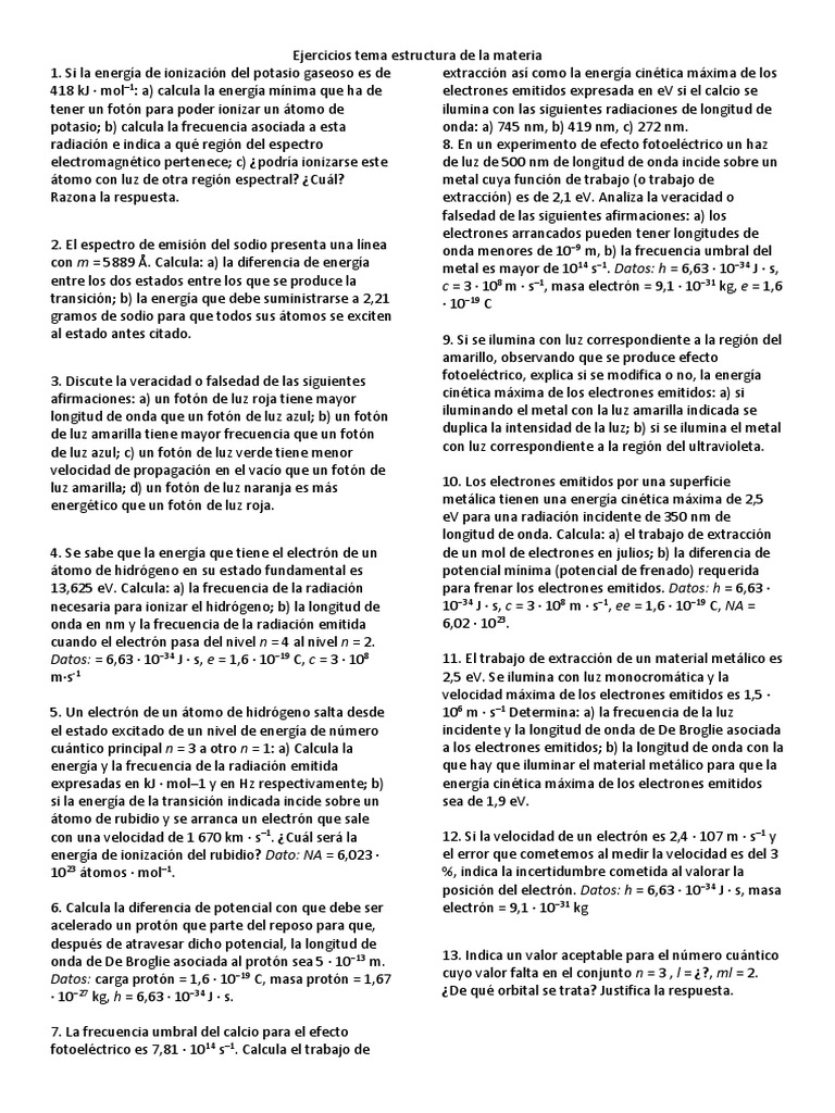 Hoja Ej Tema 2 | PDF | Electrón | Ligero