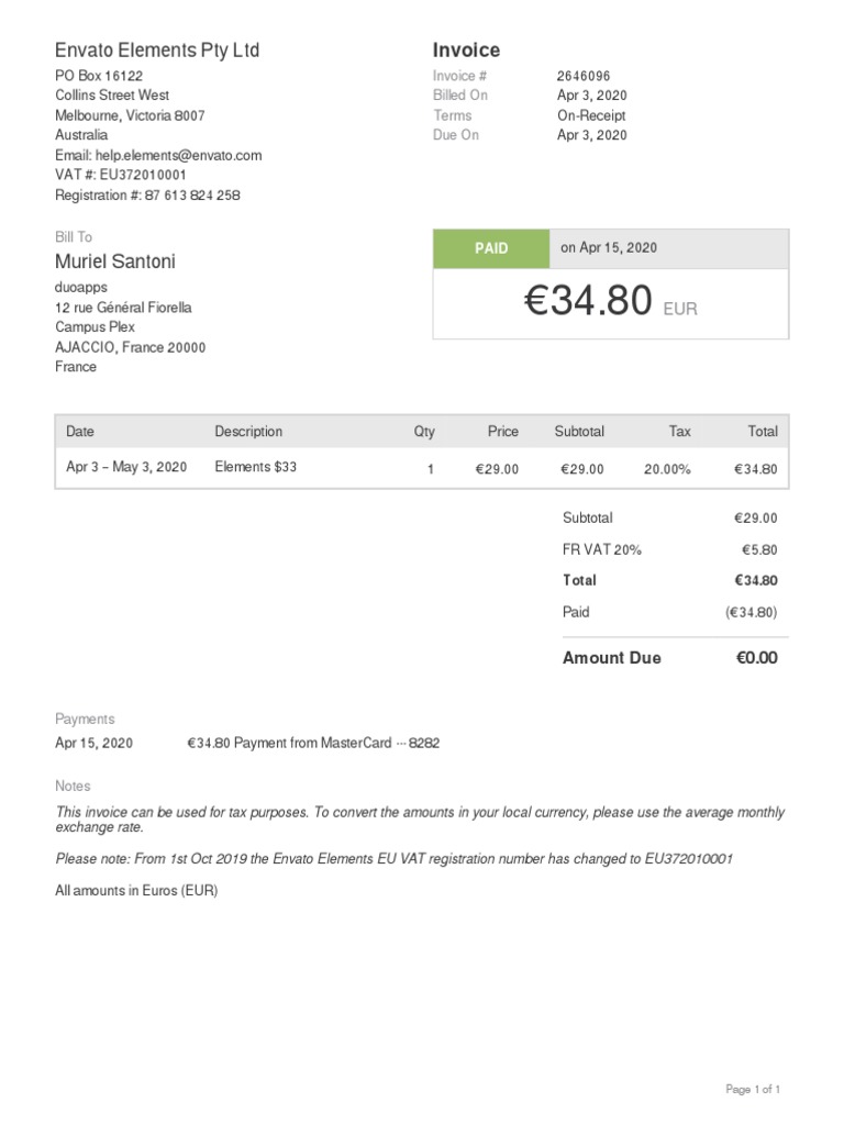 Invoice for Envato Elements Subscription | PDF