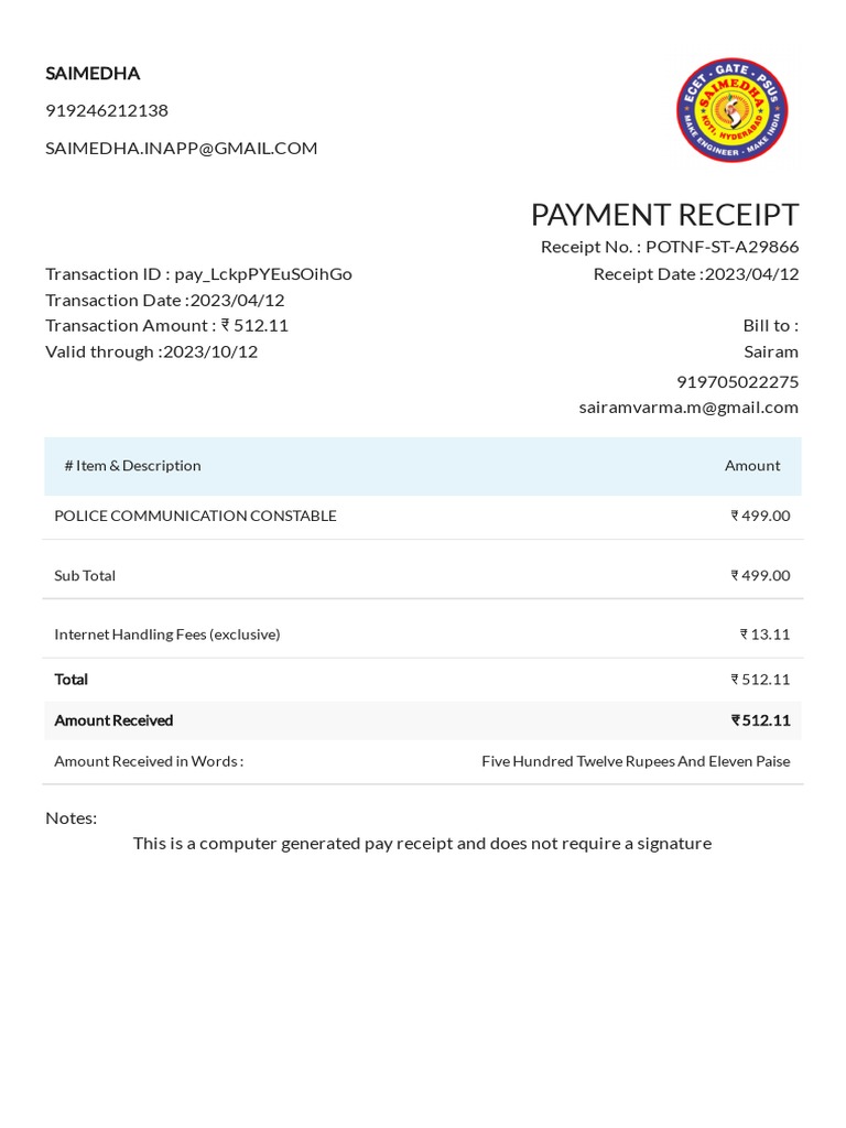 Police Constable Payment Receipt | PDF