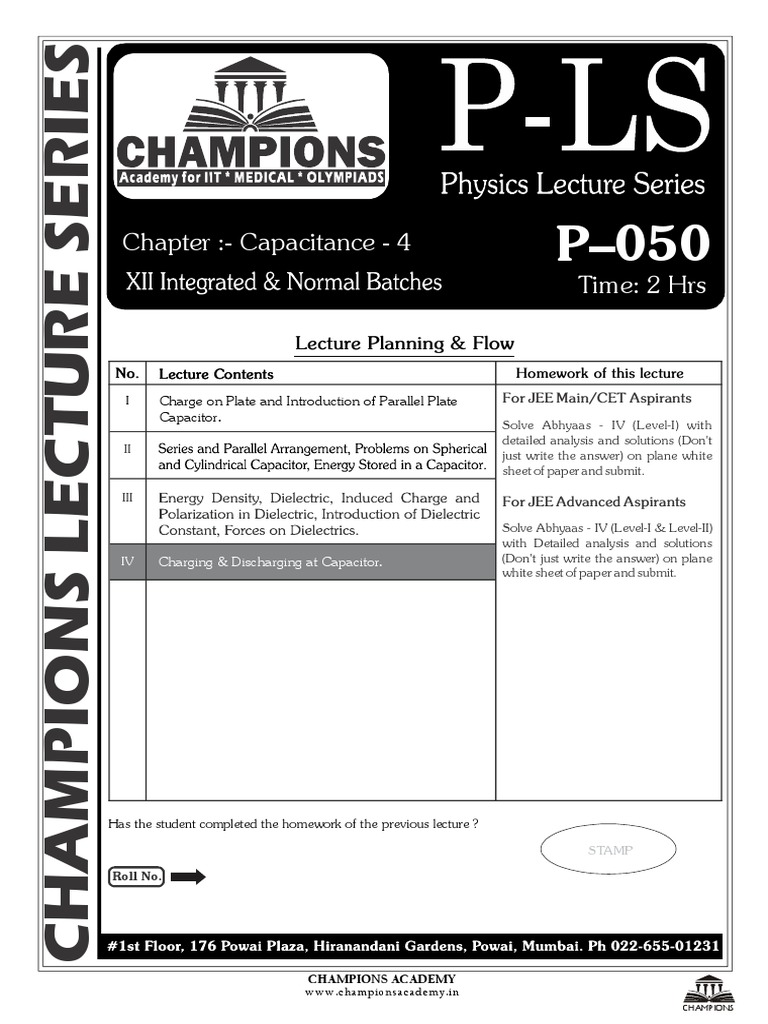 Chapter:-Capacitance - 4 Time: Hrs 2: Lecture Planning & Flow | PDF ...