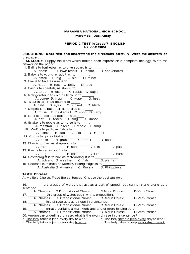 1st Summative Test in English 7 Sy 2022-2023 | PDF | Phrase | Verb