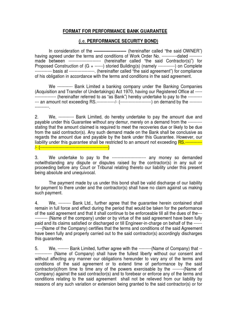 Format For Performance Bank Guarantee (I.E. Performance Security Bond ...