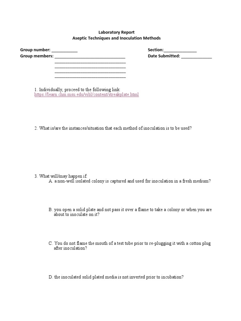 Aseptic Techniques and Inoculation Methods (Guide Questions) | PDF ...