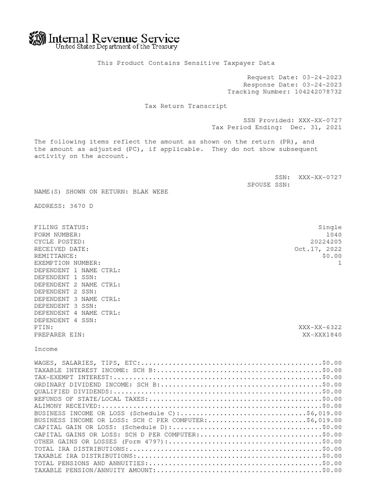 Redacted Tax Return Transcript for Tax Period Ending December 31, 2021 ...