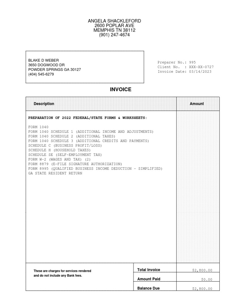 Invoice: Angela Shackleford 2600 Poplar Ave Memphis TN 38112 (901) 247 ...