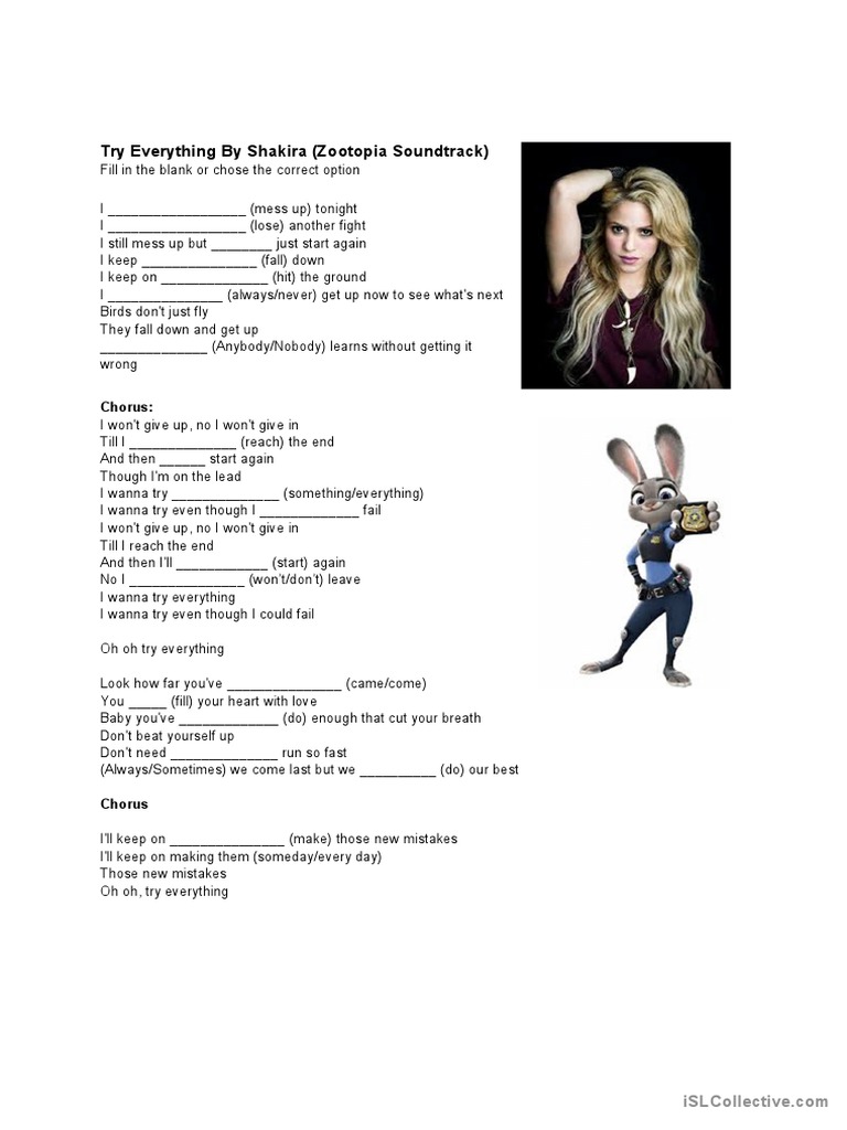 Shakira's "Try Everything" Worksheet | PDF