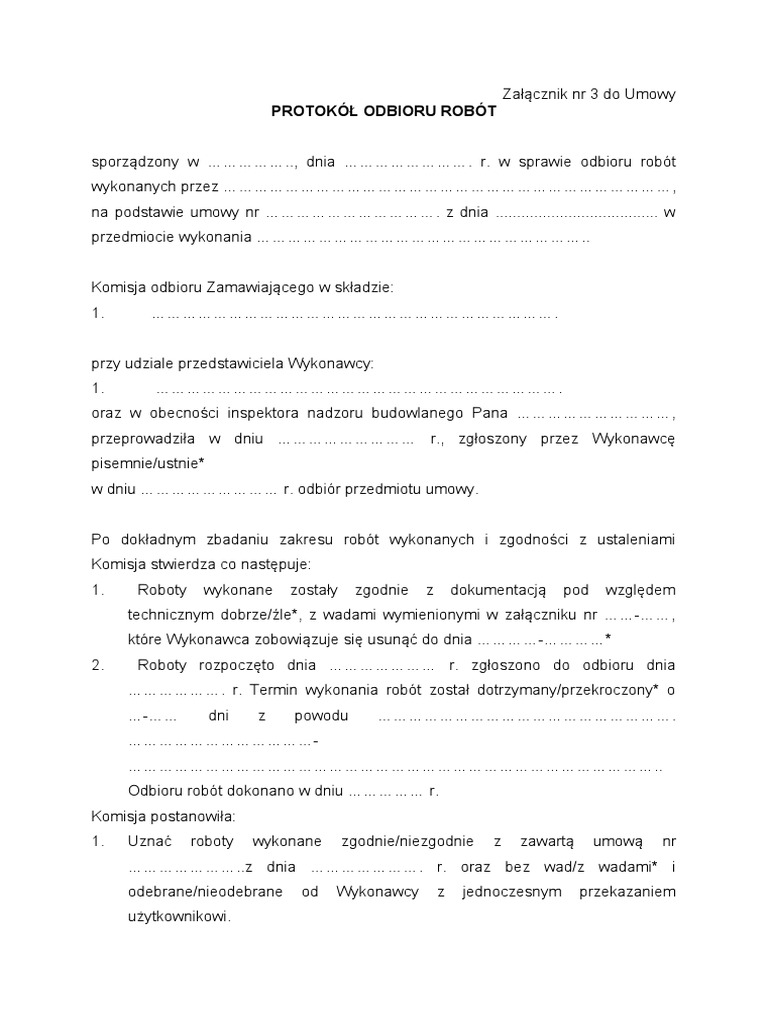 Zał Do Umowy - Protokół Odbioru Robót | PDF