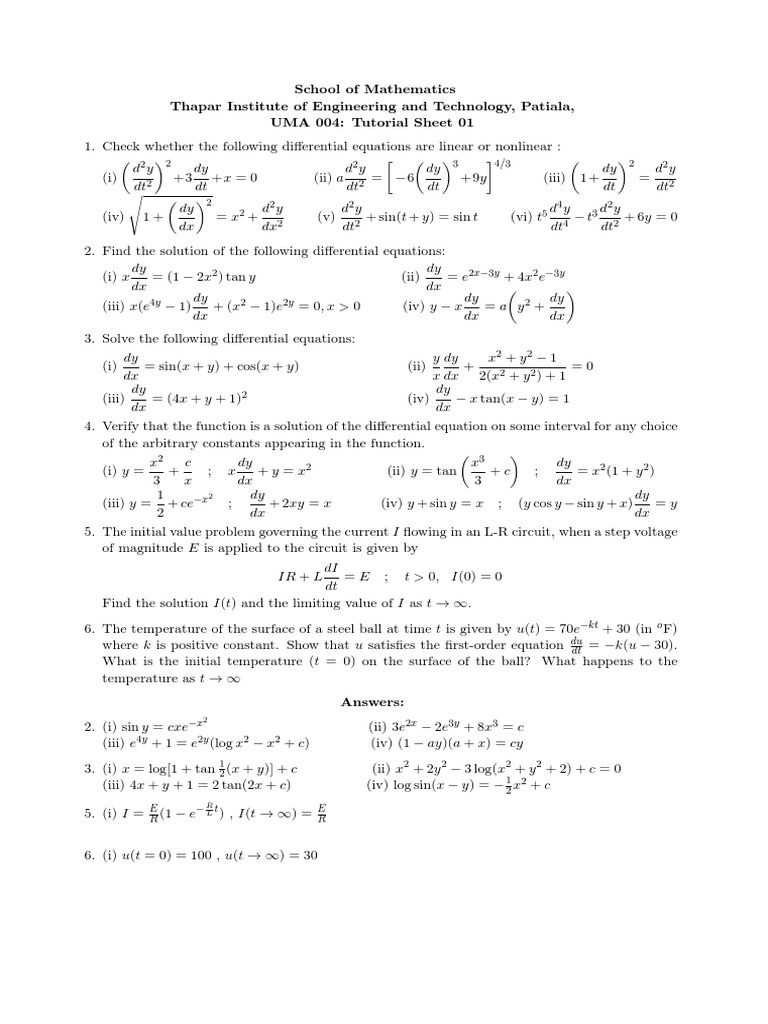 Tute Sheet - 01 - UMA004 | PDF | Differential Equations | Electrical ...