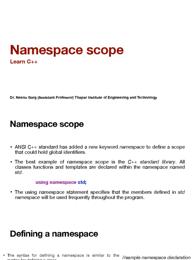 Namespace Scope | PDF | Namespace | Scope (Computer Science) Namespace Scope | PDF | Namespace | Scope (Computer Science)
