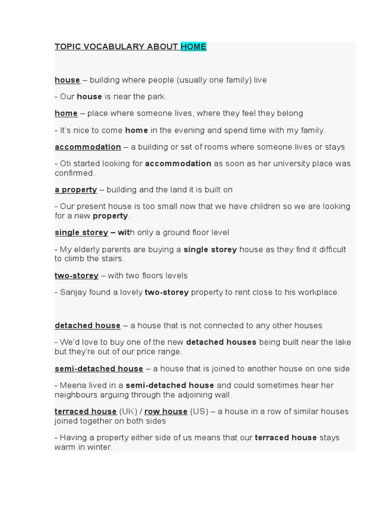 Topic Vocabulary About Home | PDF | Apartment | Condominium