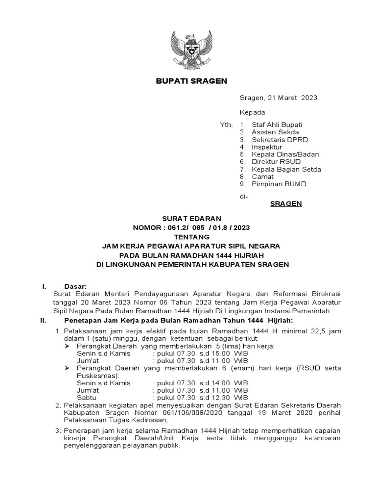 Surat Edaran Jam Kerja Ramadhan 2023 - 141721032023 | PDF