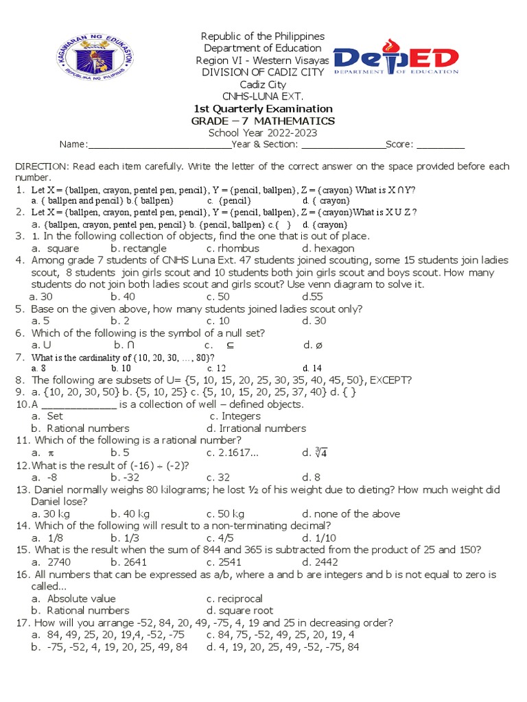 1st QRTR Math 7 | PDF | Cartesian Coordinate System | Numbers