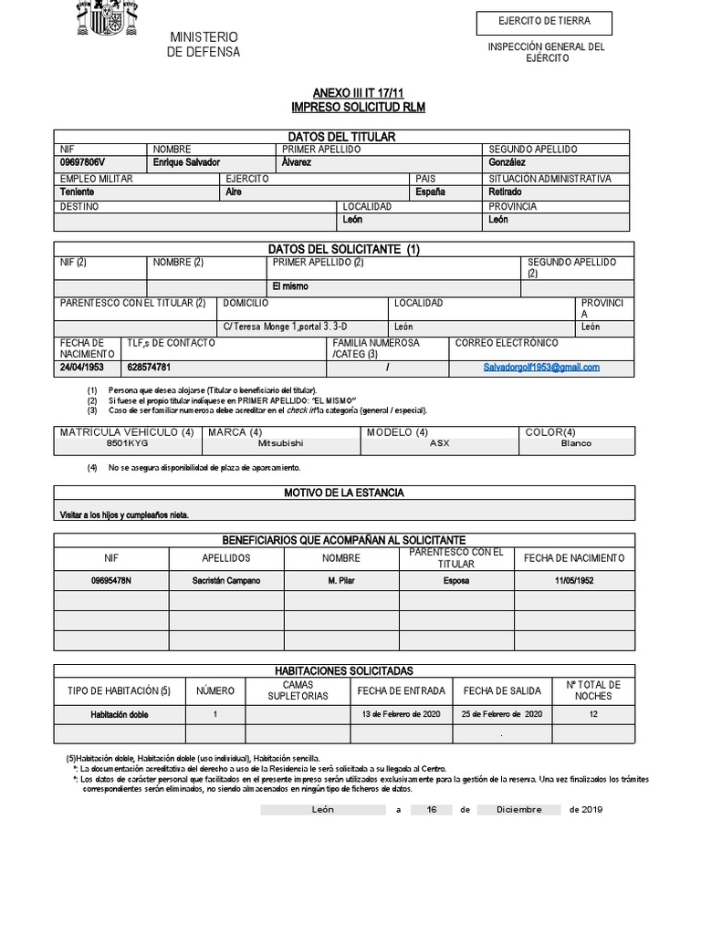 Ministerio de Defensa: Anexo Iii It 17/11 Impreso Solicitud RLM Datos ...