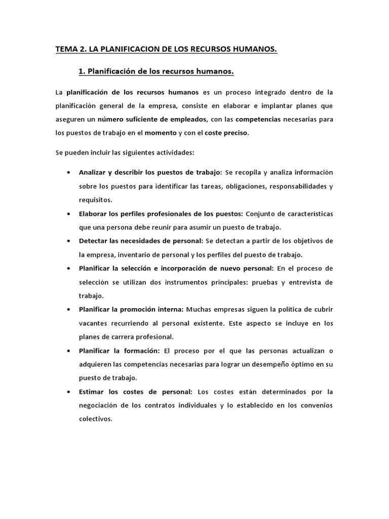 Tema 2. Resumen. Planificacion de Los Recursos Humanos | PDF | Gestión de recursos humanos ...