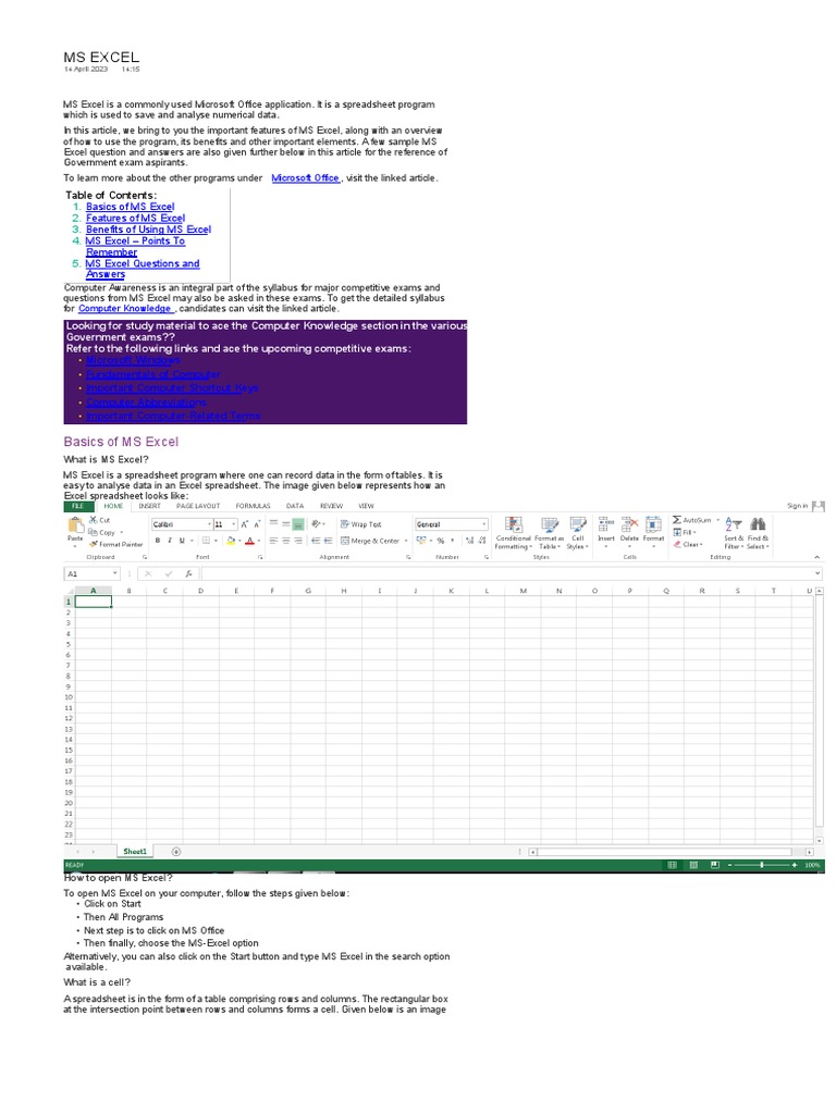 MS Excel | PDF | Microsoft Excel | Spreadsheet