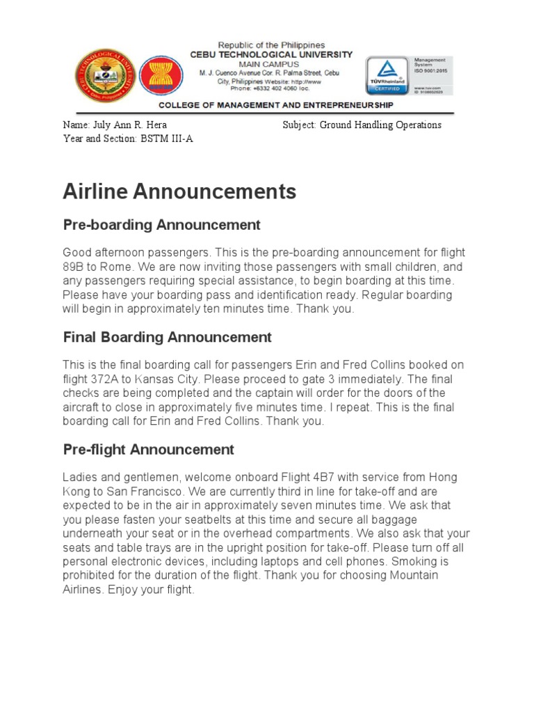 Airline Announcement Scripts | PDF
