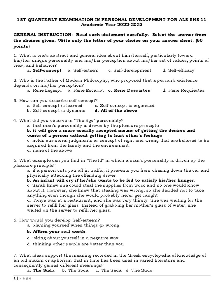 1st Periodical Exam in Personal Development For ALS ANSWER KEY FOR ...