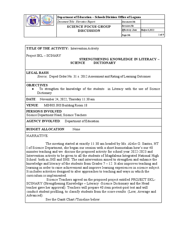 FGD-2ND-SCIENCE-MEETING-NARRATIVE-REPORT | PDF | Teachers | Literacy