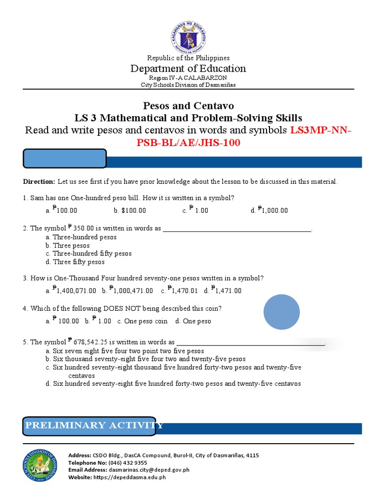 Pesos and Centavos ALS Learning Material | PDF | Cheque | Payments