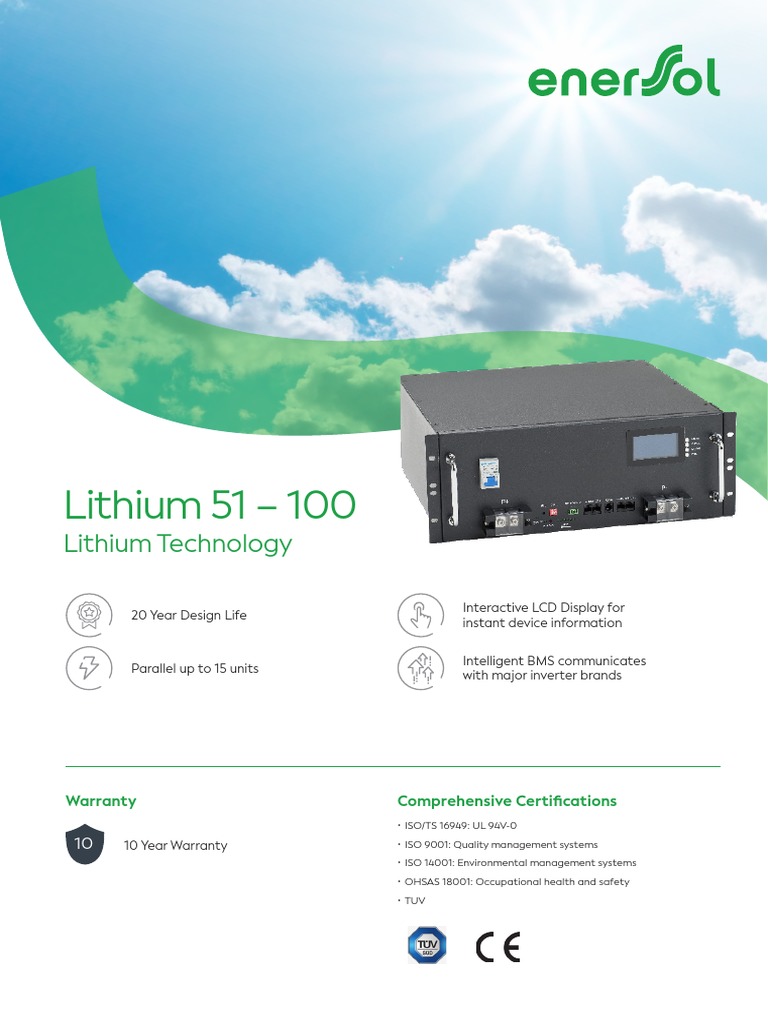 Enersol Lithium 51 100 Battery Datasheet | PDF | Electrical Engineering | Electricity