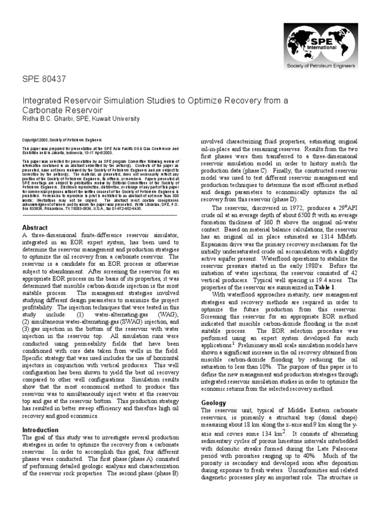 SPE 80437 Integrated Reservoir Simulation Studies To Optimize Recovery ...