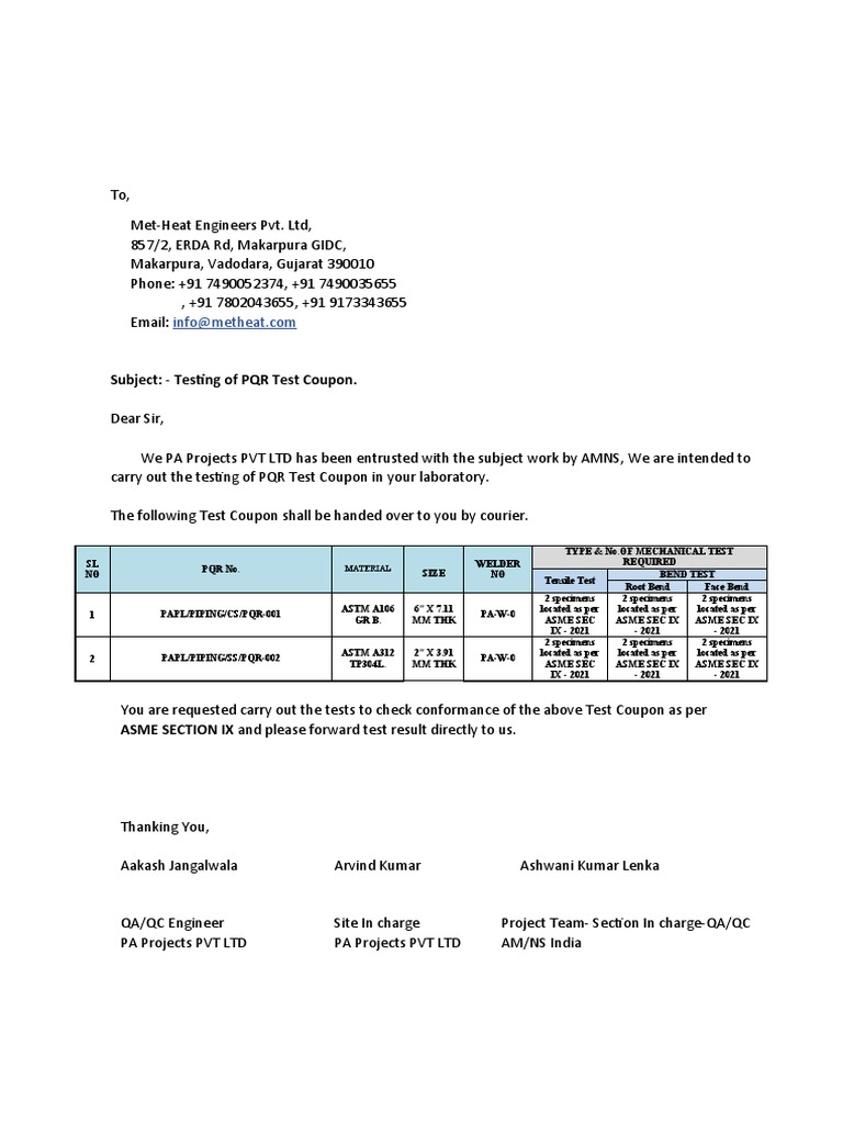 PQR Test Coupon Testing Request | PDF | Materials Science | Mechanical ...
