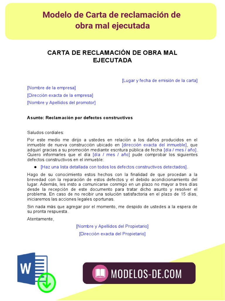Modelo Carta de Reclamacion de Obra Mal Ejecutada | PDF