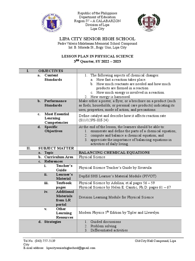 Balancing Chemical Equations Lesson Plan | PDF | Chemical Reactions ...