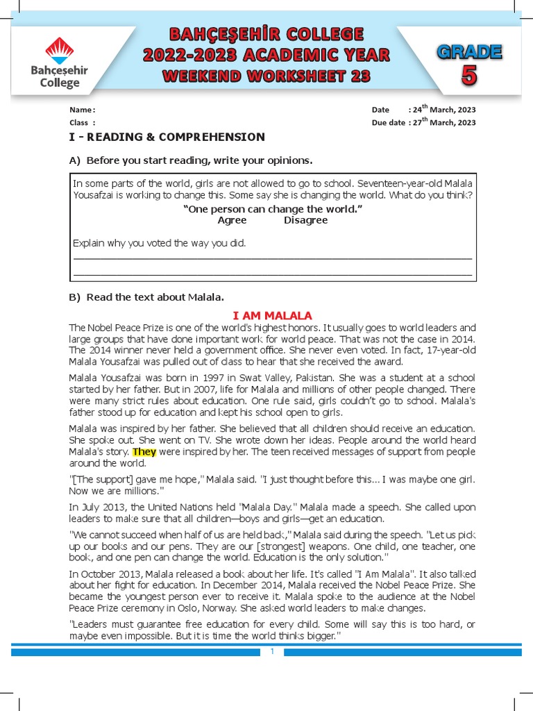 Malala Yousafzai: Education Advocate Worksheet | PDF | Malala Yousafzai | Communication