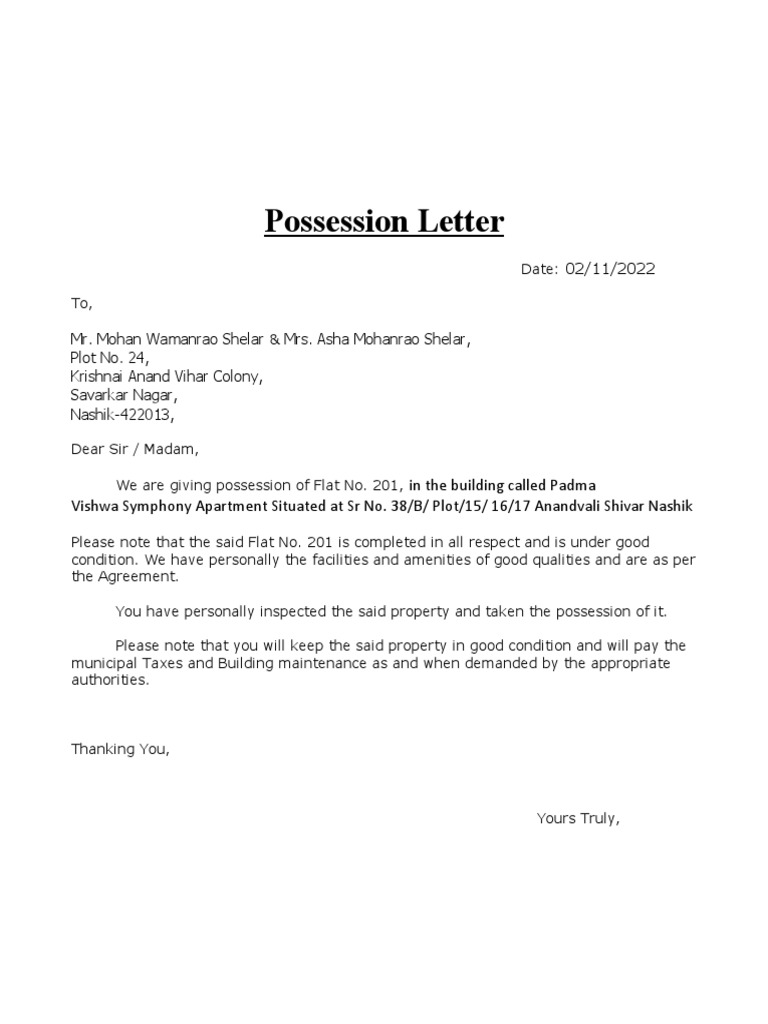 Possession Letter | PDF