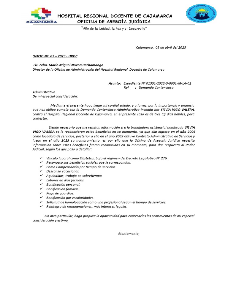 Oficio Dirigido A Recursos Humanos y Administración | PDF