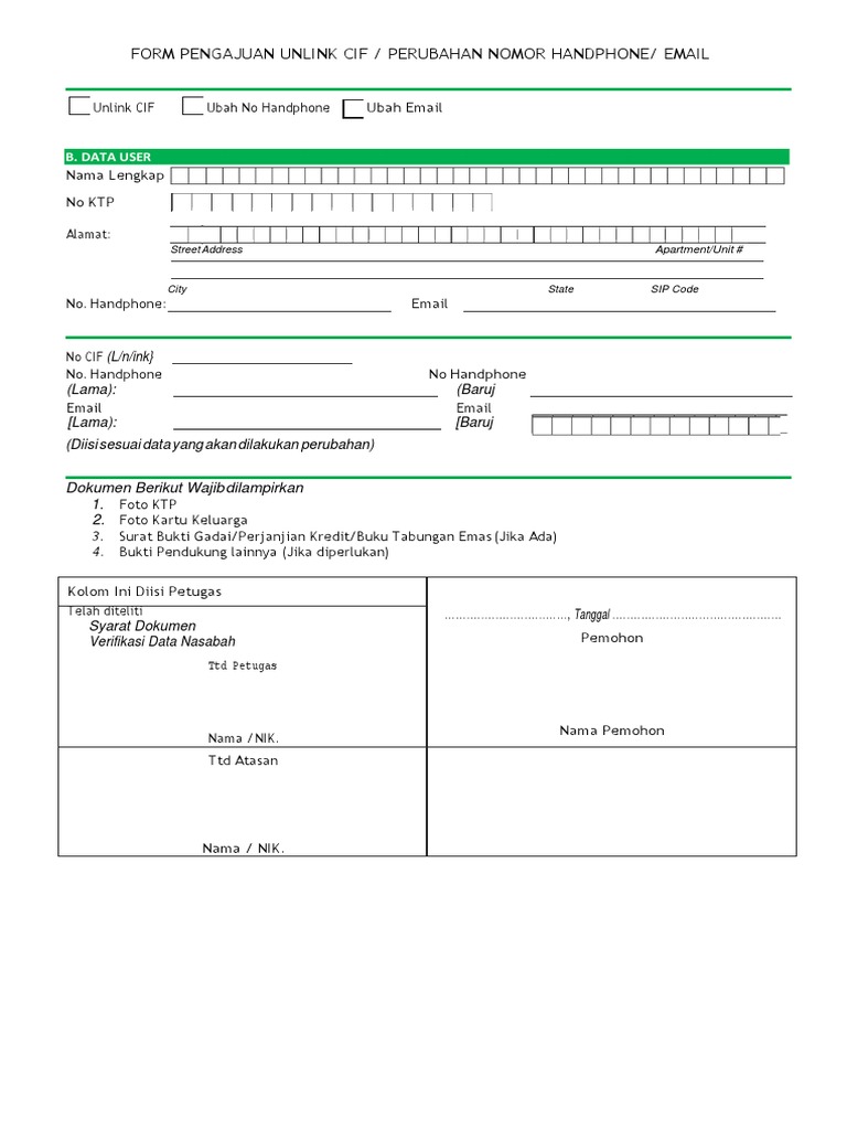 Form Pengajuan Unlink Cif / Perubahan Nomor Handphone/ Email | PDF | Bisnis | Pengelolaan ...