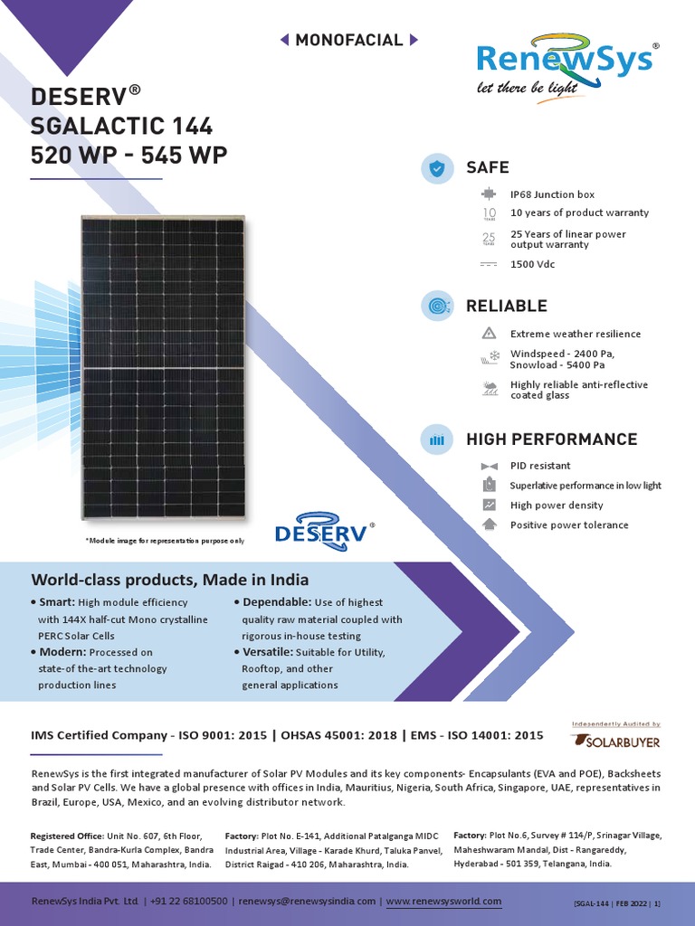 Deserv Sgalactic 144 520 WP - 545 WP: Monofacial | PDF | Photovoltaics ...