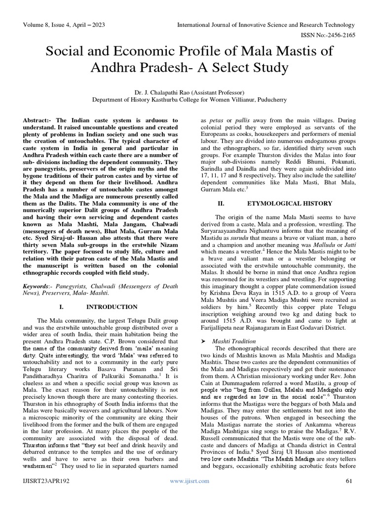 Social Profile of Mala Mastis in AP | PDF | Dalit