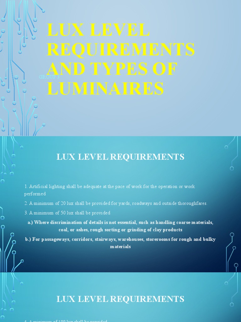 Lux Level Requirements and Types of Luminaires: Group 3 | PDF | Lighting