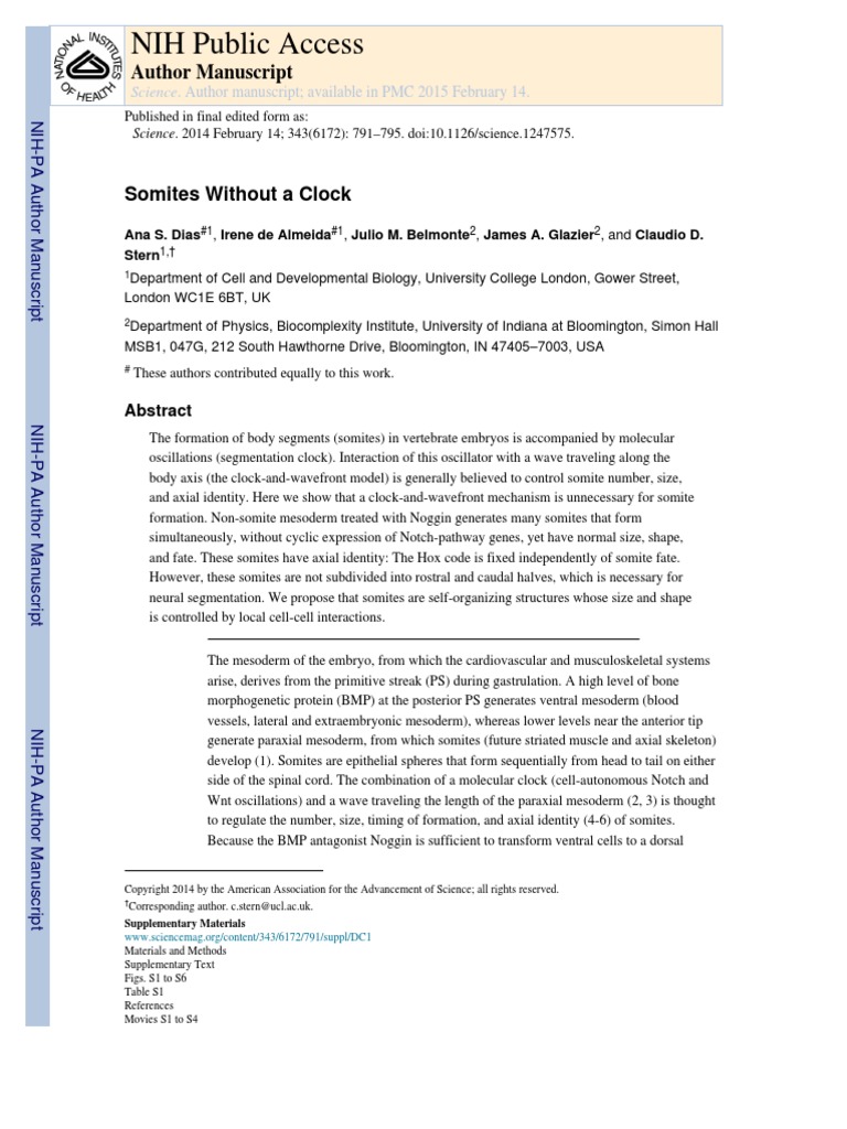 Somites Without A Clock 2014 Dias Et Al | PDF | Developmental Biology ...