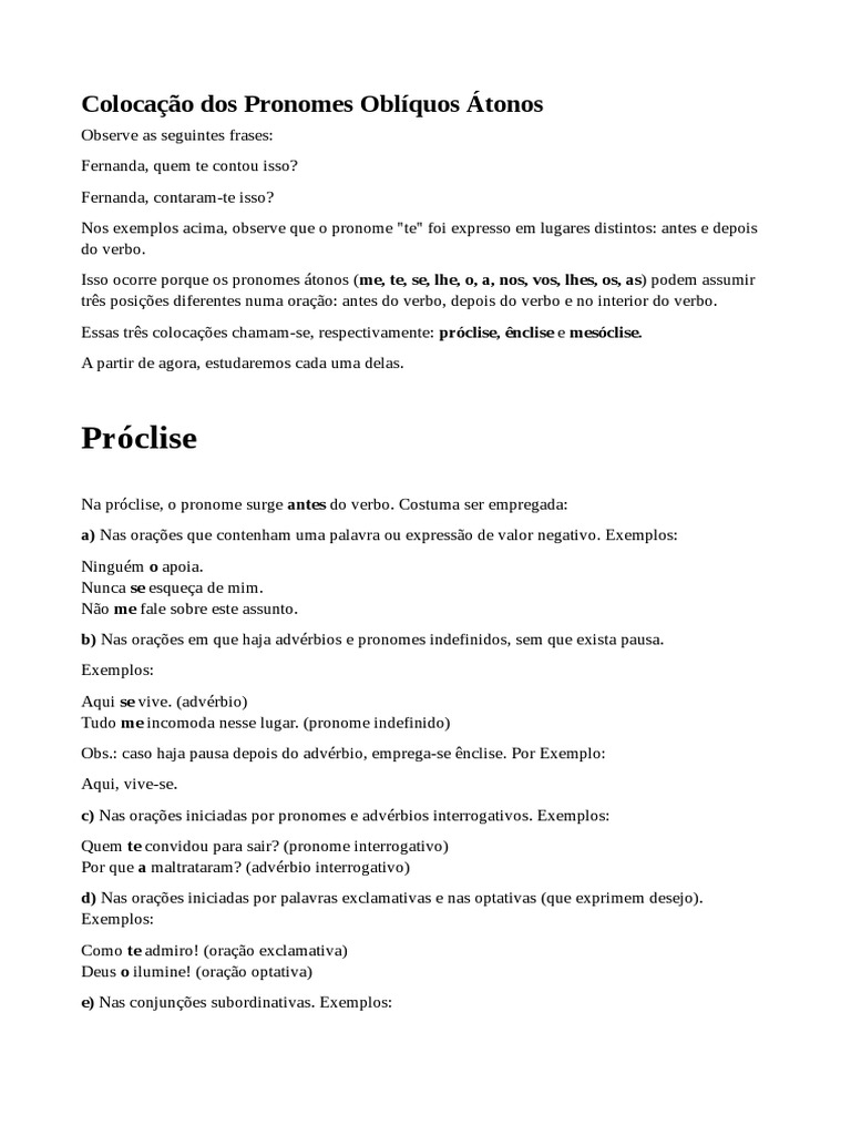 Colocação dos Pronomes Oblíquos Átonos: Próclise, Ênclise e Mesóclise ...