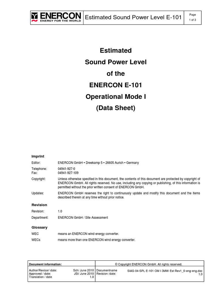 Estimated Sound Power Level of The Enercon E-101 Operational Mode I (Data Sheet) | PDF | Decibel ...