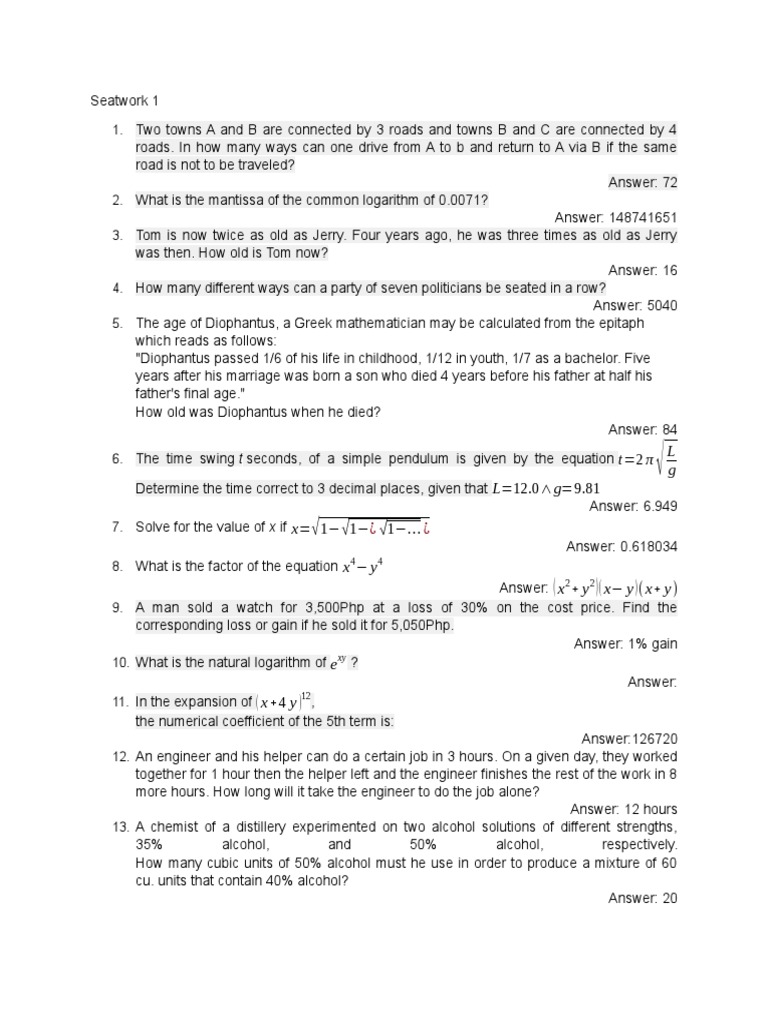 Seatwork 1 | PDF | Mathematical Objects | Mathematics