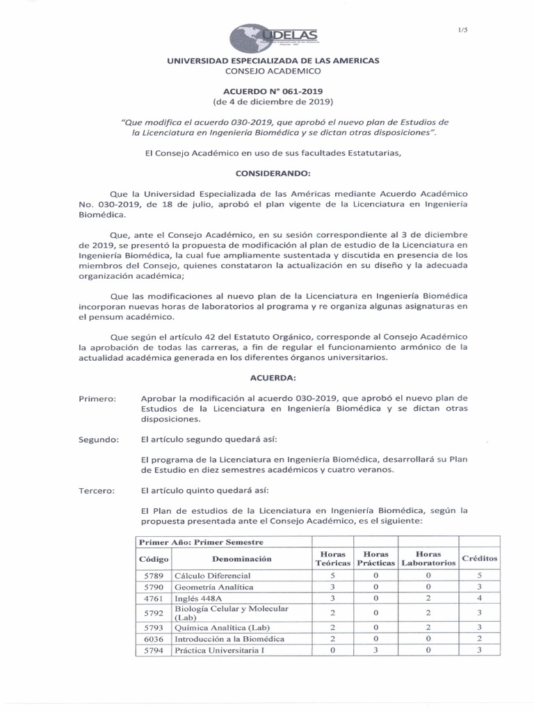 Acuerdo Modifica El Acuerdo No 030-2019 - Plan de Estudios de Lic Ing ...