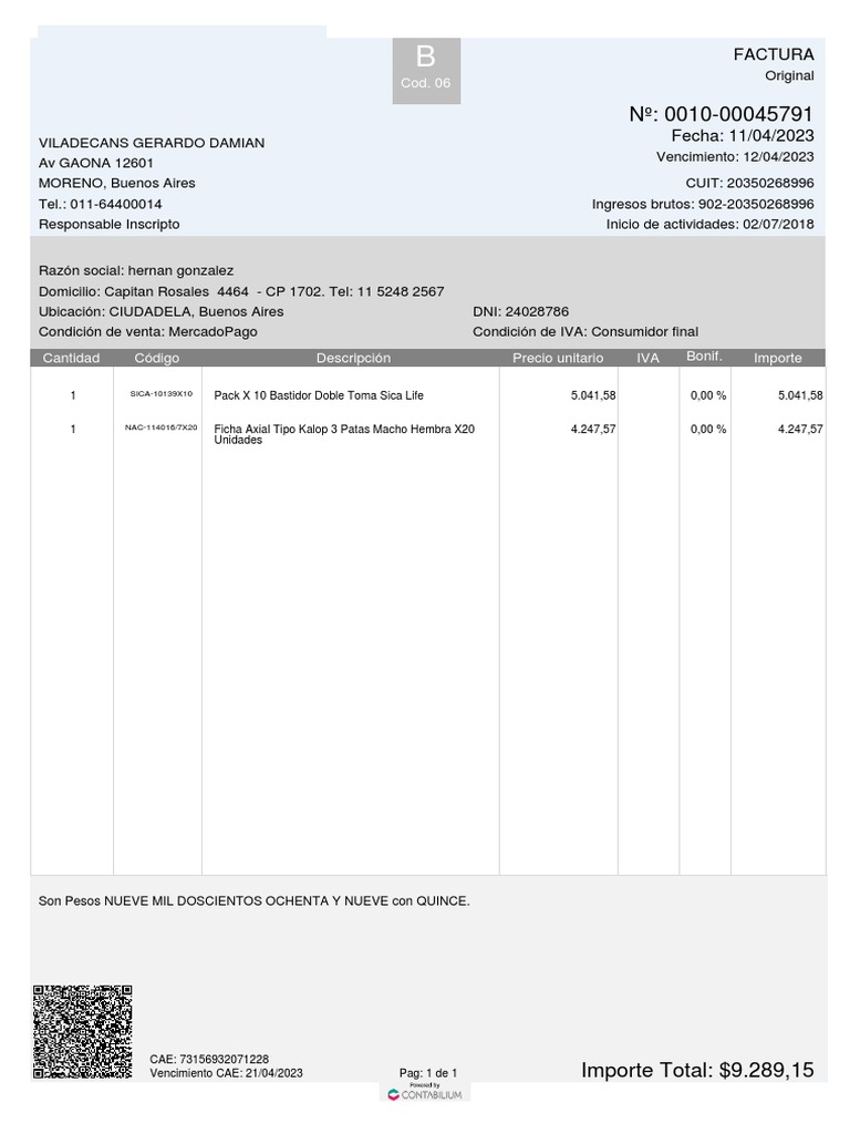 Factura: Cantidad Código Descripción Precio Unitario IVA Bonif. Importe ...