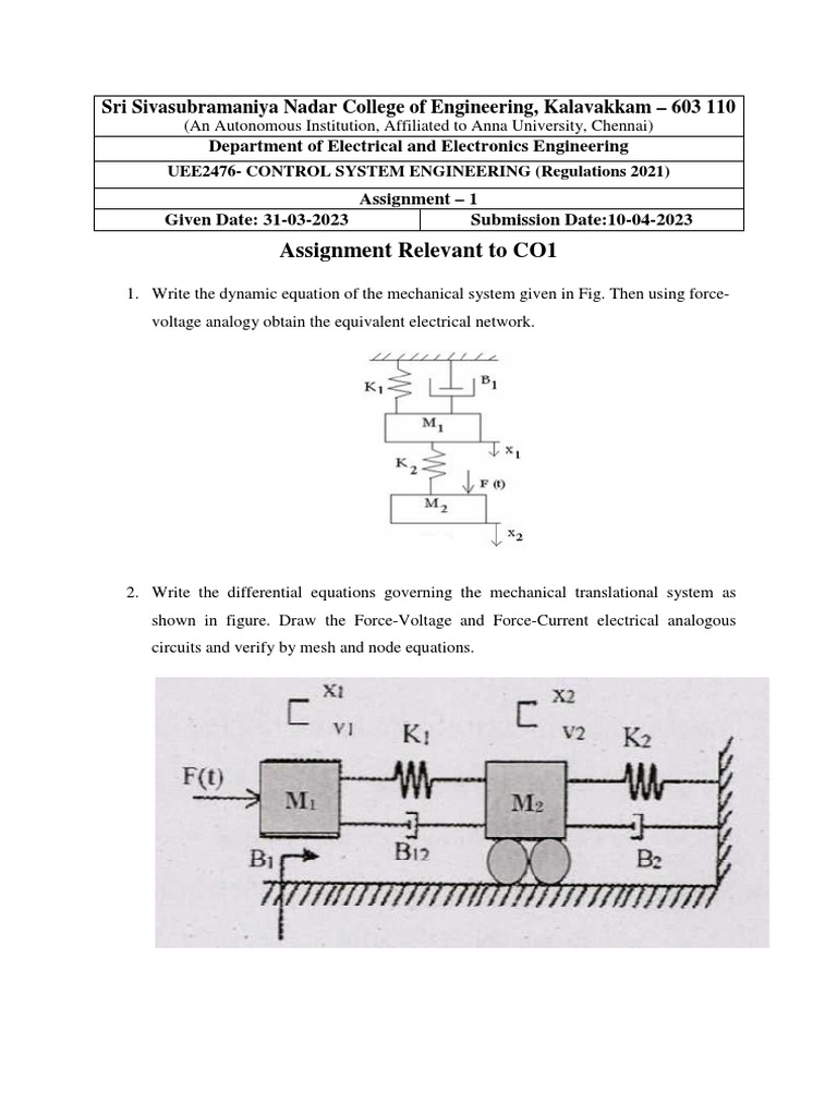 Assignment - 1 - Control System Engineering - CO1 | PDF