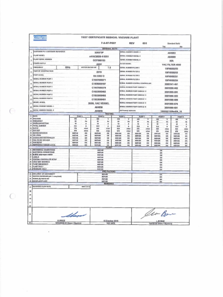 Test Certificate For Medical Vacuum Plant | PDF